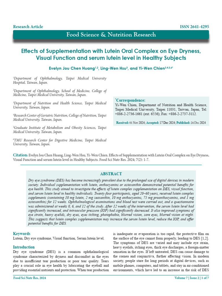 Effects of Supplementation With Lutein Oral Complex On Eye Dryness ...