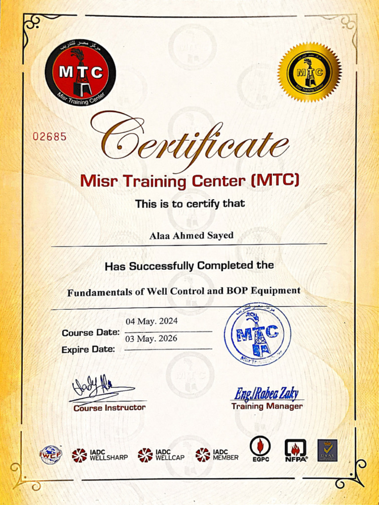 Misr Training Center MTC Certificate 1715827336 | PDF