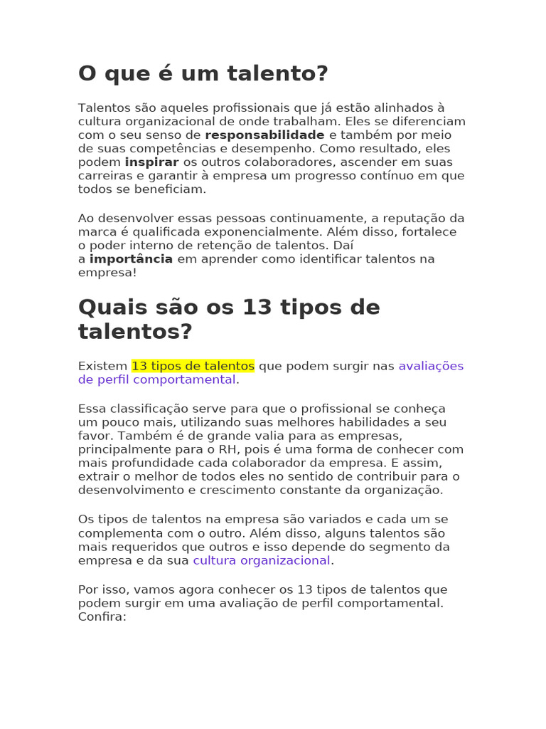 Perfil de 13 Talentos RH | PDF | Gestão de recursos humanos | Avaliação ...
