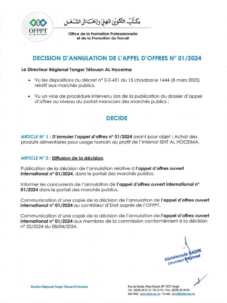 Décision D'annulation AOO #01-2024 DRTTA | PDF