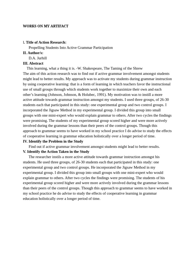 Title Of Action Research Ii Author S Iii Abstract Works On My