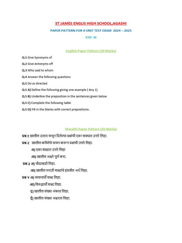 Paper Pattern For II Unit Test-1 | PDF
