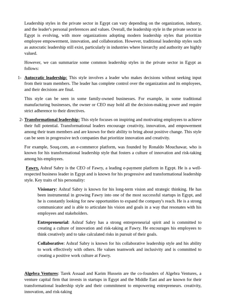 Leadership Styles in Egypt's Private Sector | PDF | Entrepreneurship ...