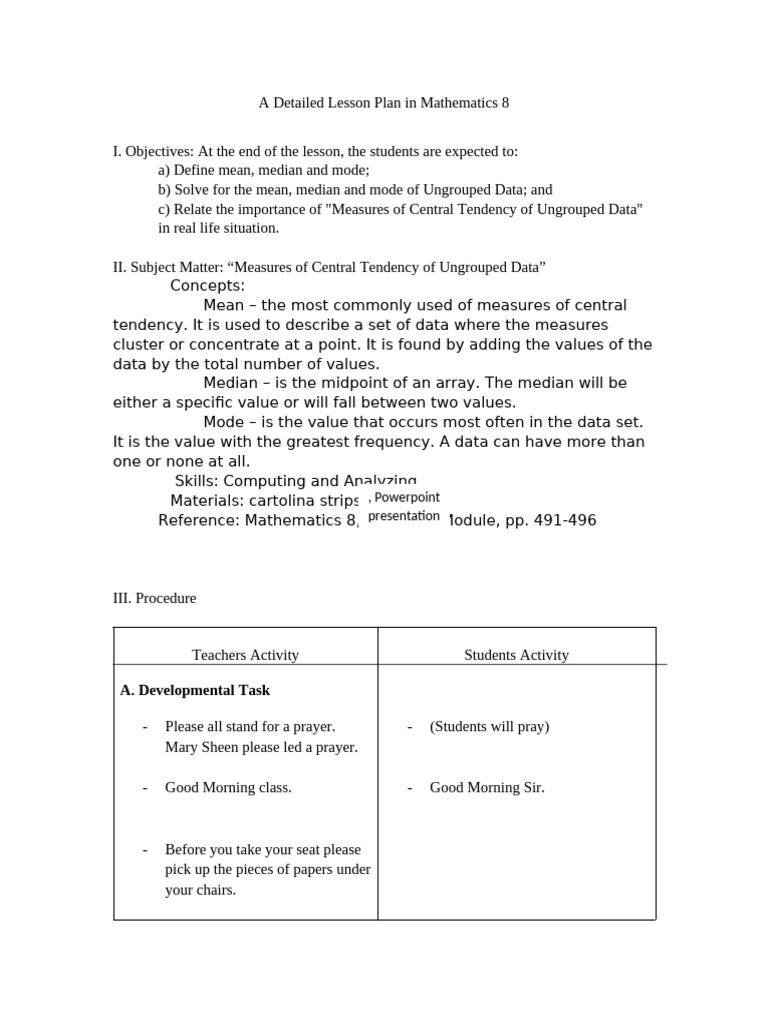 Measures of Central Tendency Lesson Plan | PDF | Mean | Mode (Statistics)