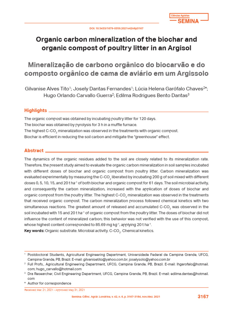 Organic Carbon Mineralization of the Biochar and Organic Compost of Poultry Litter in an Argisol ...
