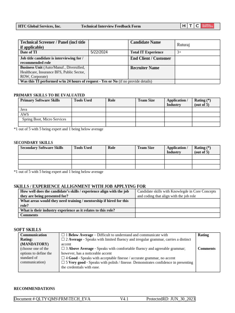HTC Technical Interview Feedback Form | PDF
