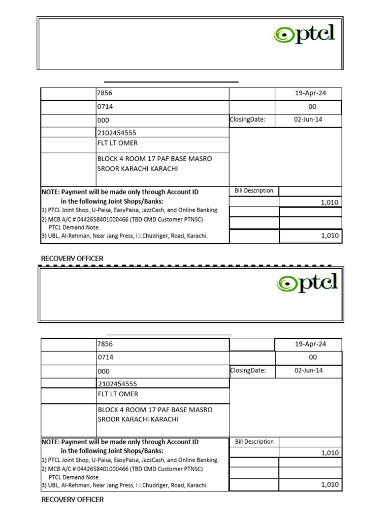 PTCL Bill Notice for FLT LT Omer | PDF | Government Of Pakistan | Pakistan