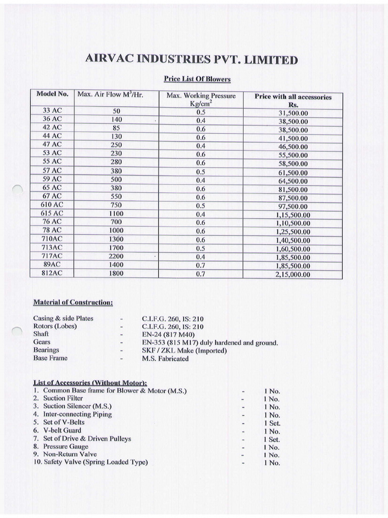 Airvac Blowers Price List | PDF