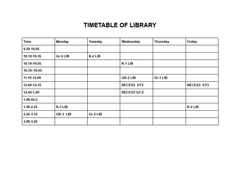 Library Timetable for Weekly Classes | PDF