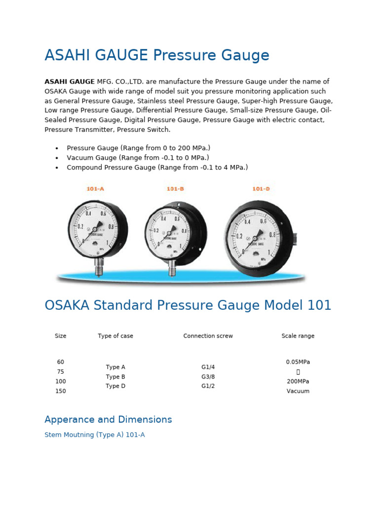 Asahi Pressure Gauges from Osaka | PDF | Pressure Measurement | Atmosphere