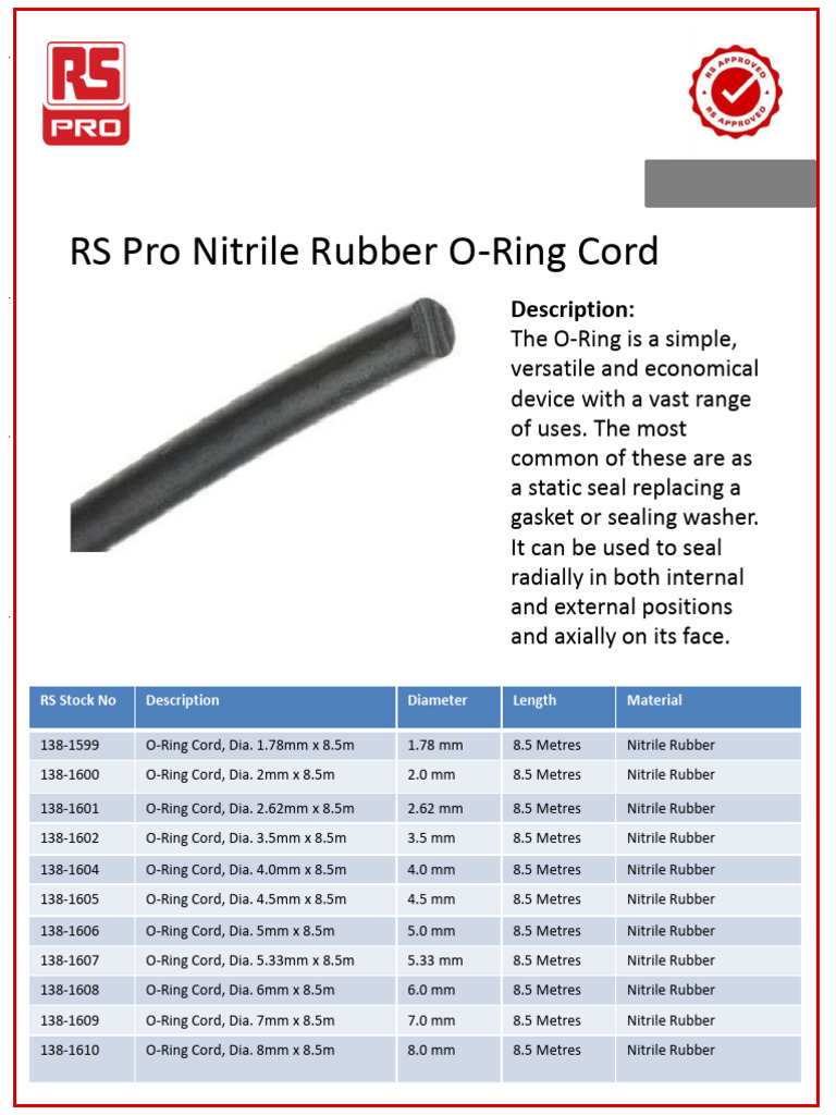 O-Ring Cord RS PRO - 0900766b8161d26d | PDF