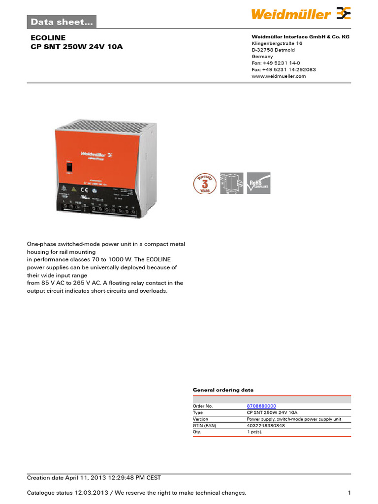 CP SNT 250W 24V 10A | PDF | Power Supply | Fuse (Electrical)