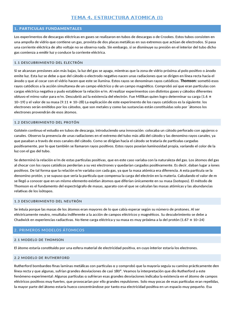 Tema 4. La Estructura Atómica (I) | PDF | Electrón | Ligero