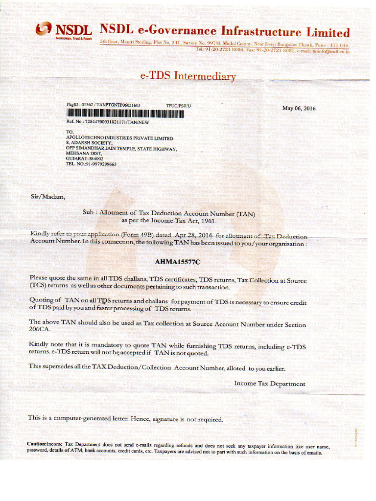 TAN ALLOTMENT LETTER | PDF
