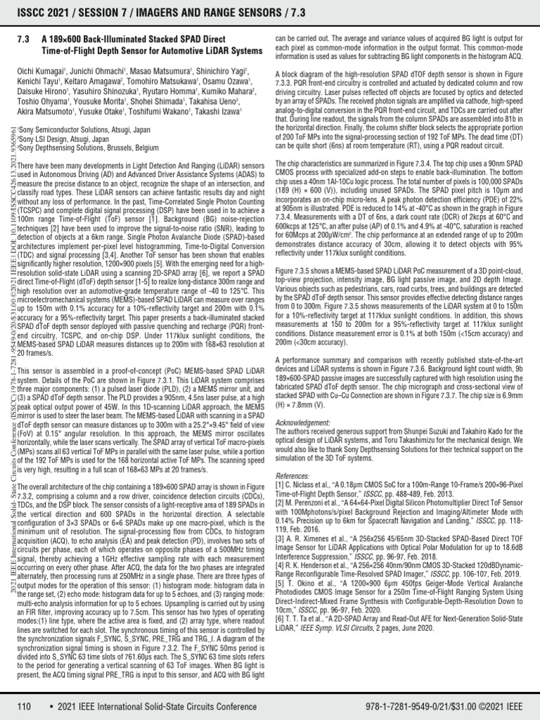 Sony ISSCC2021-A 189×600 BSI SPAD ToF Depth Sensor For Automotive LiDAR Systems | PDF | Lidar ...