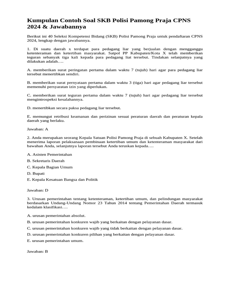 Kumpulan Contoh Soal SKB Polisi Pamong Praja CPNS 2024 | PDF