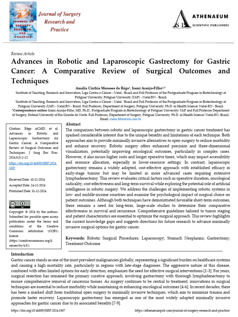 Advances in Robotic and Laparoscopic Gastrectomy for Gastric Cancer a Comparative Review of ...
