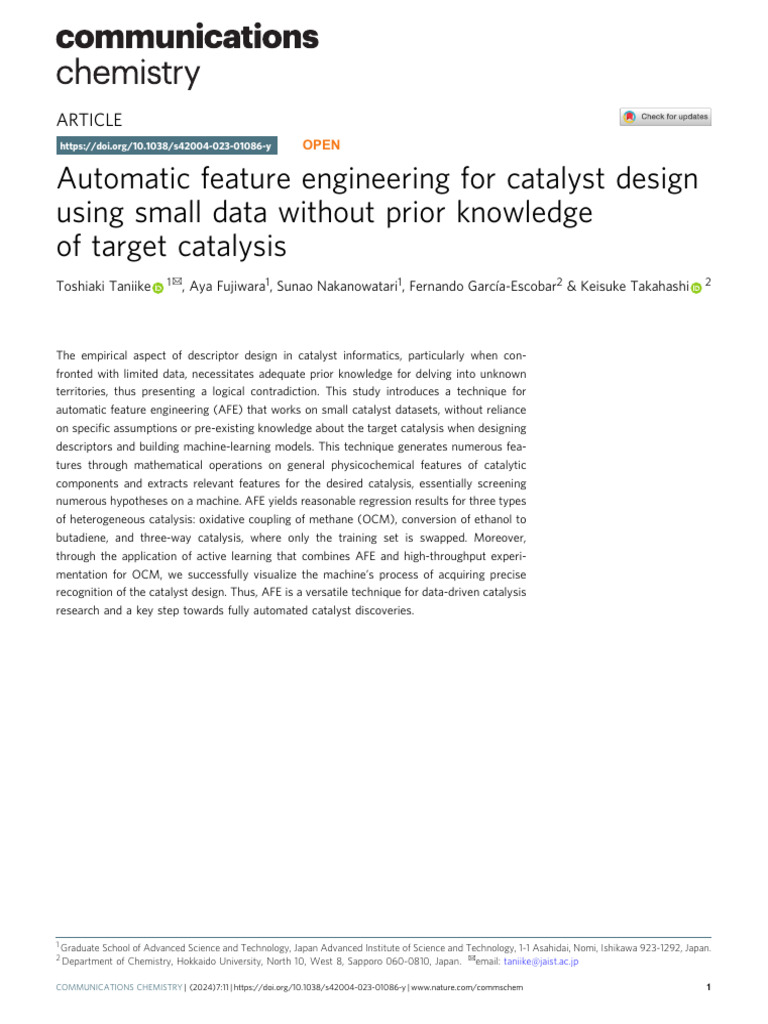 2024 Automatic Feature Engineering For Catalyst Design Using Small Data Without Prior Knowledge ...