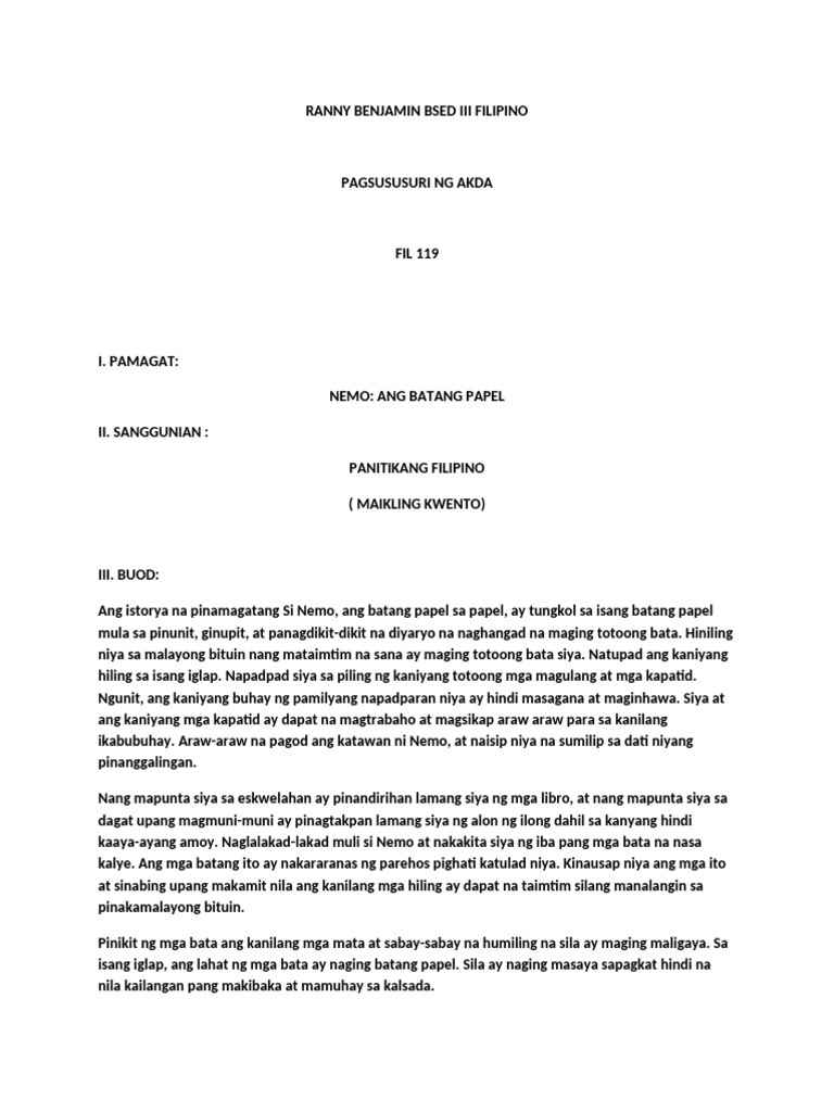 PAGSUSUSURI NG AKDA Nemo Ang Batang Papel | PDF