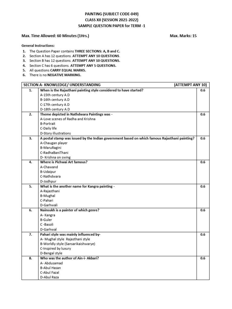 Class 12 Painting Sample Paper 2021-22 | PDF | Paintings | Plastic Arts