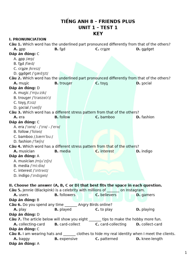 Tieng Anh 8 Friends Plus - Unit 1 - Test 1 (Key) | PDF | Fashion | Clothing