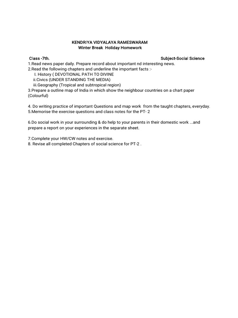 Kendriya Vidyalaya Rameswaram Social Science Winter Break Holiday Homework Vii | PDF