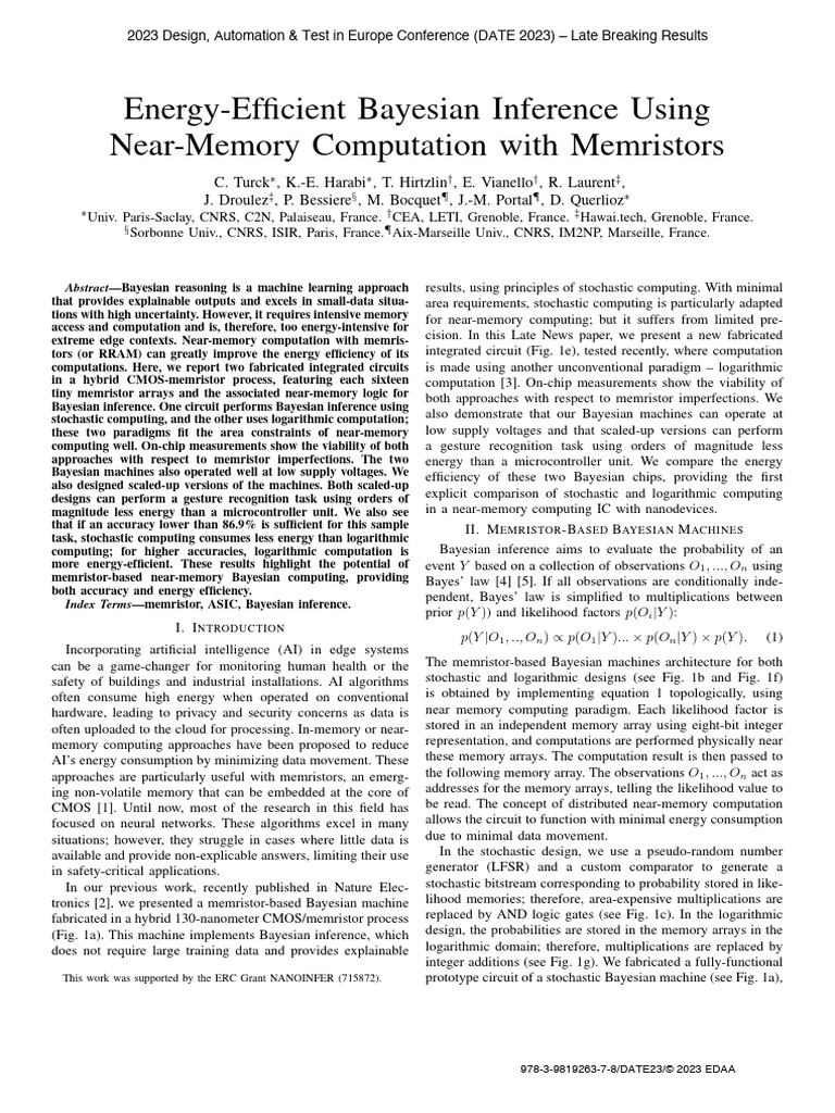 Energy-Efficient Bayesian Inference Using Near-Memory Computation With Memristors | PDF ...
