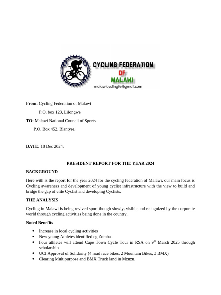 President Report 2024 | PDF | Cycle Sport | Malawi