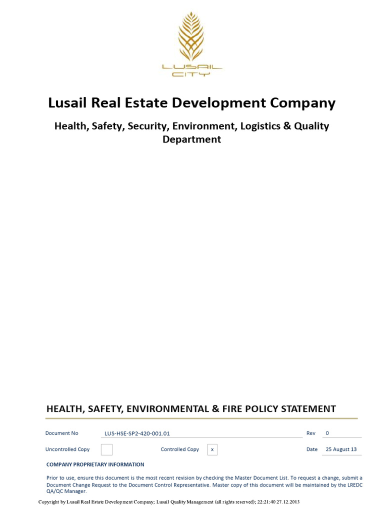 Hse Policy Lus-Hse-Sp2-420-001.00 | PDF | Occupational Safety And ...