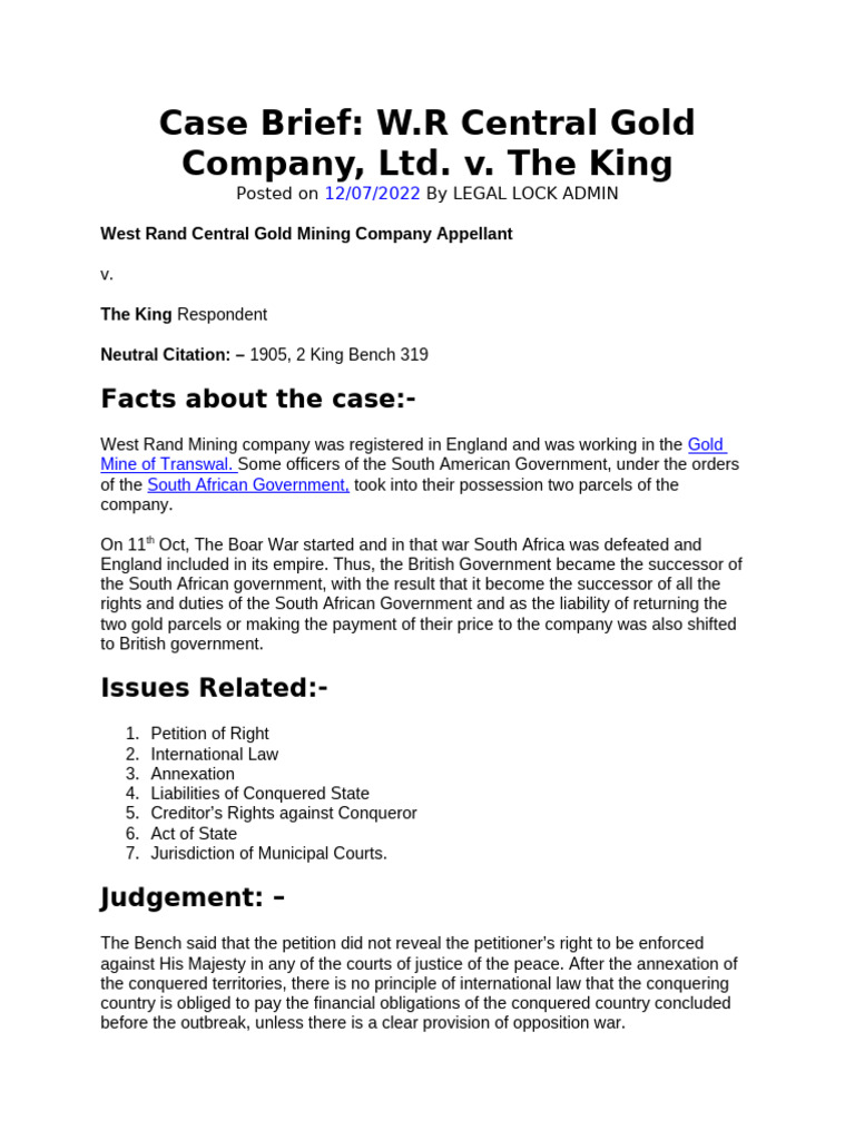 West Rand Gold Mining Case Summary | PDF | International Law | Public Law
