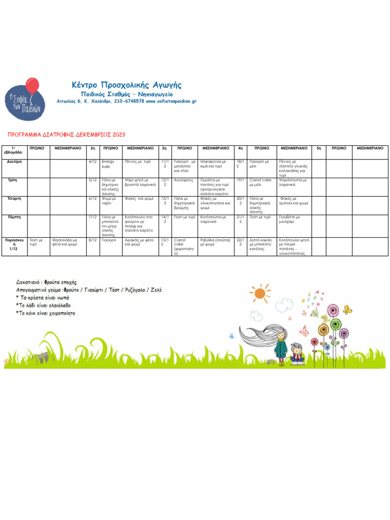 ΜΗΝΙΑΙΟ ΠΡΟΓΡΑΜΜΑ ΔΙΑΤΡΟΦΗΣ ΔΕΚΕΜΒΡΙΟΣ 2023 | PDF