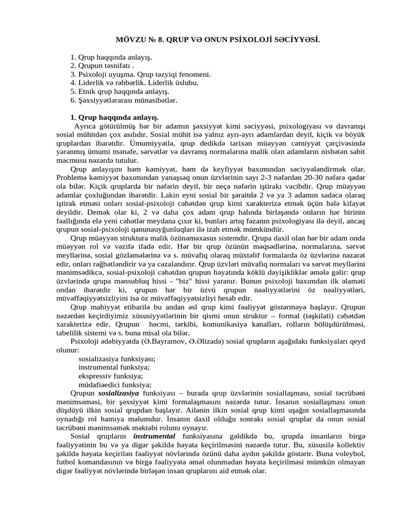 MÖVZU № 8. QRUP VƏ ONUN PSİXOLOJİ SƏCİYYƏSİ — копия | PDF