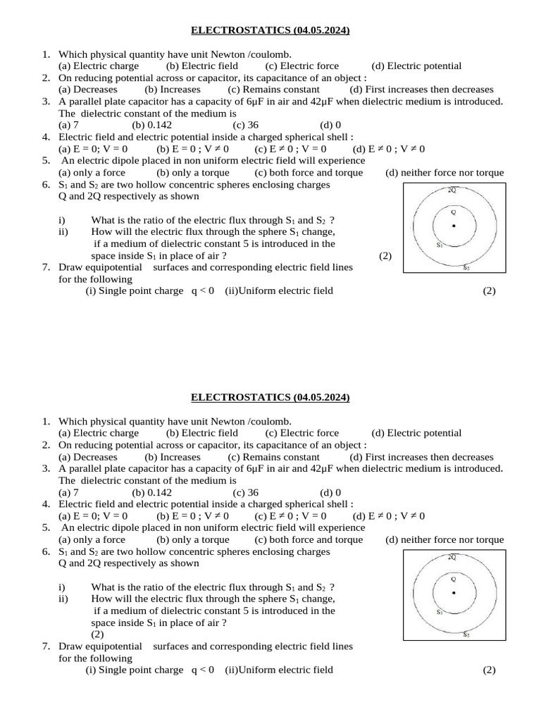 Electrostatics Test - 04.05.2024 | PDF | Capacitance | Electrostatics