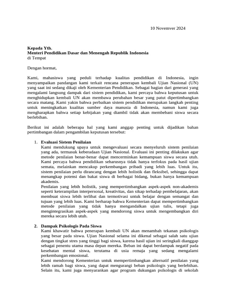 Surat Terbuka Untuk Menteri Pendidikan | PDF
