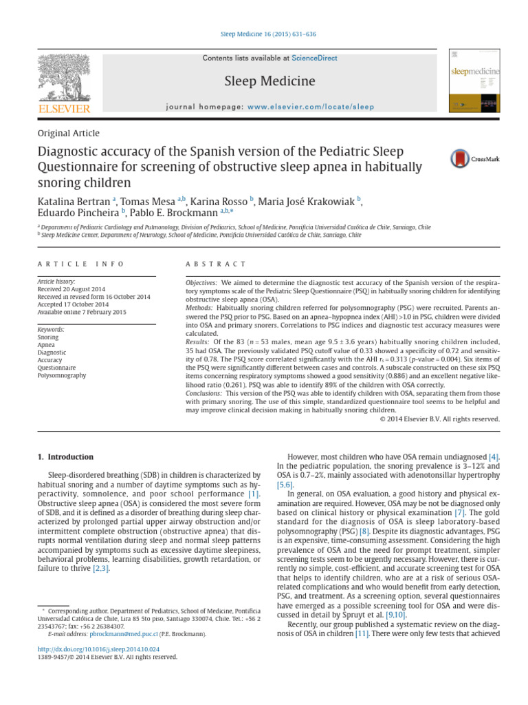 Diagnostic accuracy of the Spanish version of the Pediatric Sleep ...