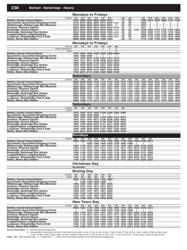 238 Bus Timetable: Belfast to Newry | PDF