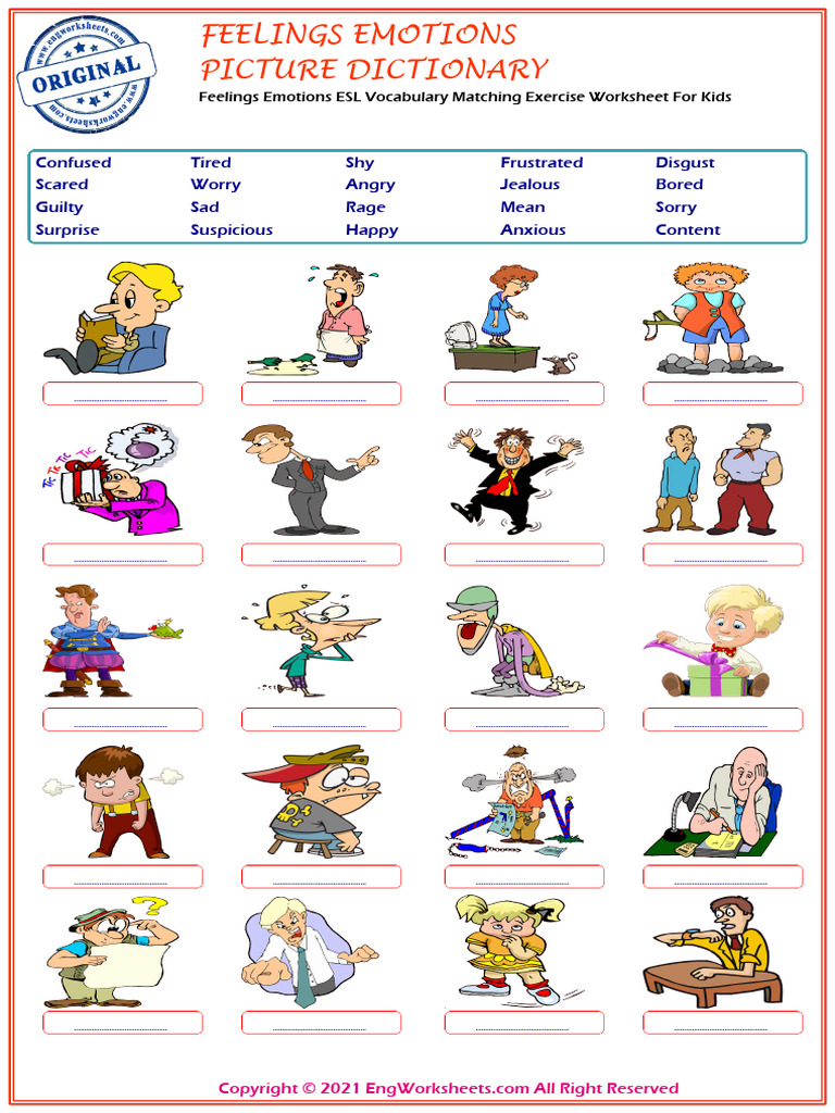 Feelings Emotions Esl Vocabulary Matching Exercise Worksheet For Kids ...