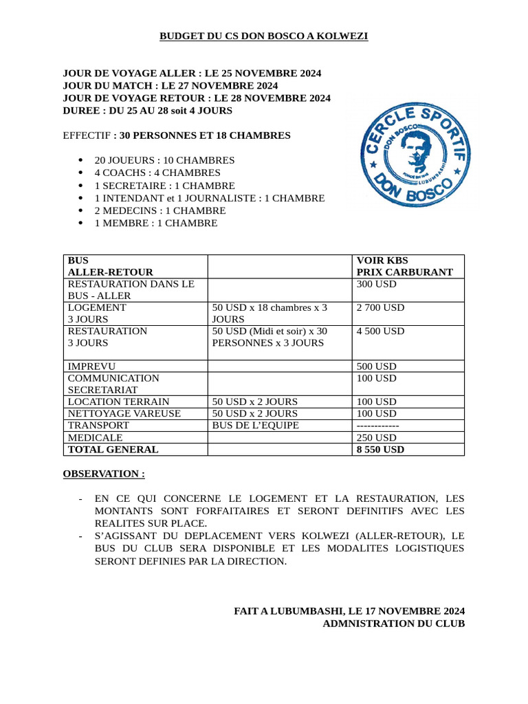 Budget Voyage CS Don Bosco Kolwezi-Kalemie | PDF