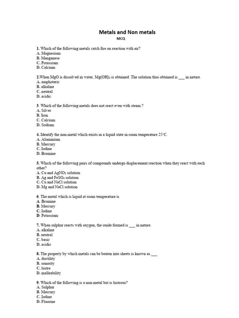 Metals and Non-Metals MCQ Quiz | PDF | Metals | Magnesium