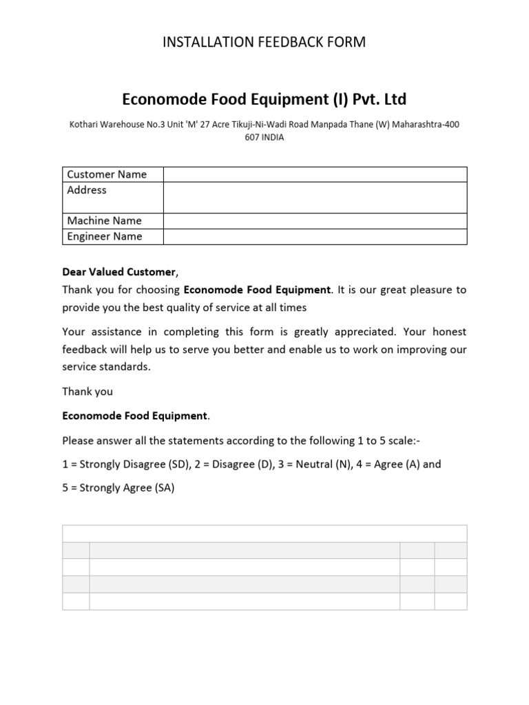 Economode Installation Feedback Form | PDF