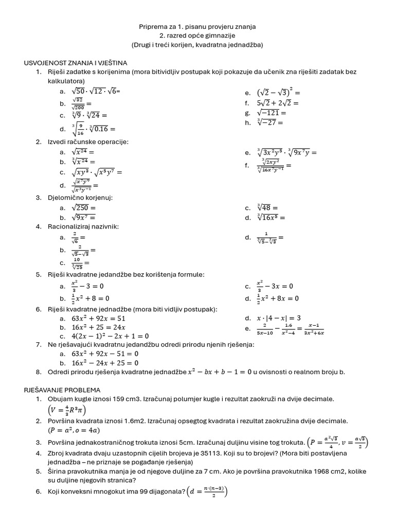 Matematika Priprema Za Prvi Ispit6 Znanja U 2. Godini Gimnazijskog Obrazovanja | PDF