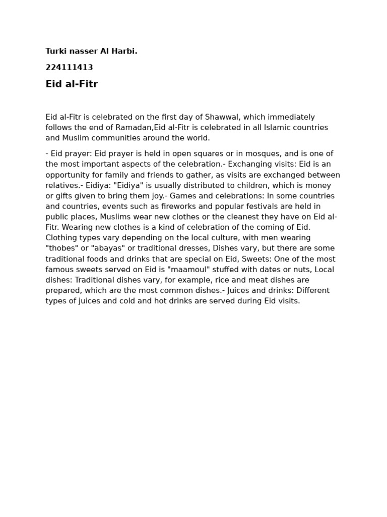 Eid Al-Fitr: Turki Nasser Al Harbi. 224111413 | PDF