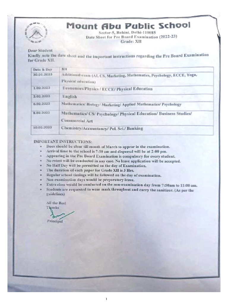 Date Sheet - Pre Board - XII | PDF