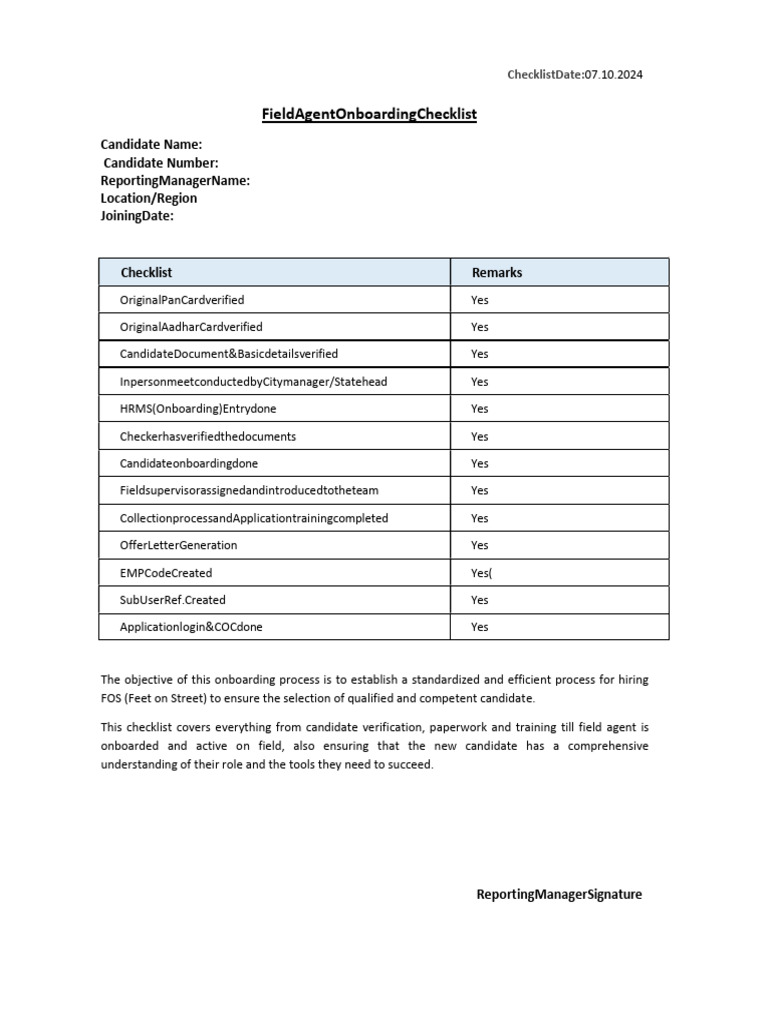 Fieldagentonboardingchecklist: Candidate Name: Candidate Number ...