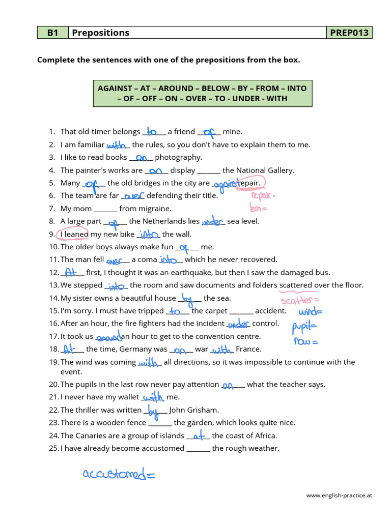 B1 Prepositions Practice Exercises | PDF