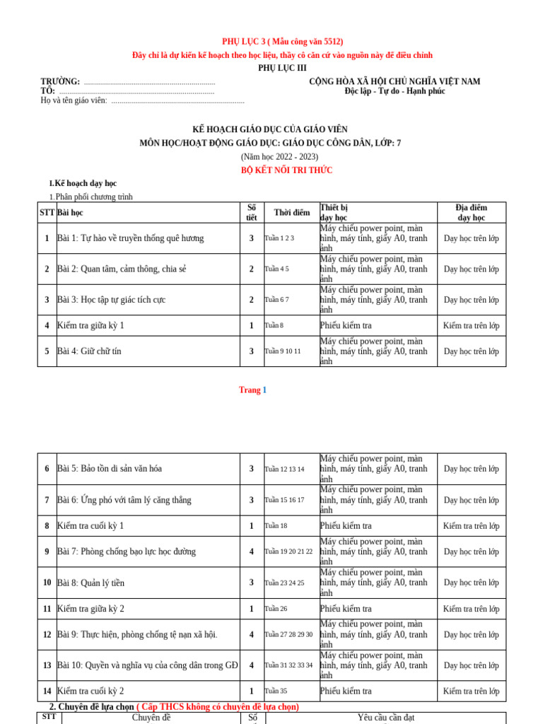 Ke Hoach Giao Duc Mon GDCD Lop 7 Ket Noi Tri Thuc 11677 | PDF