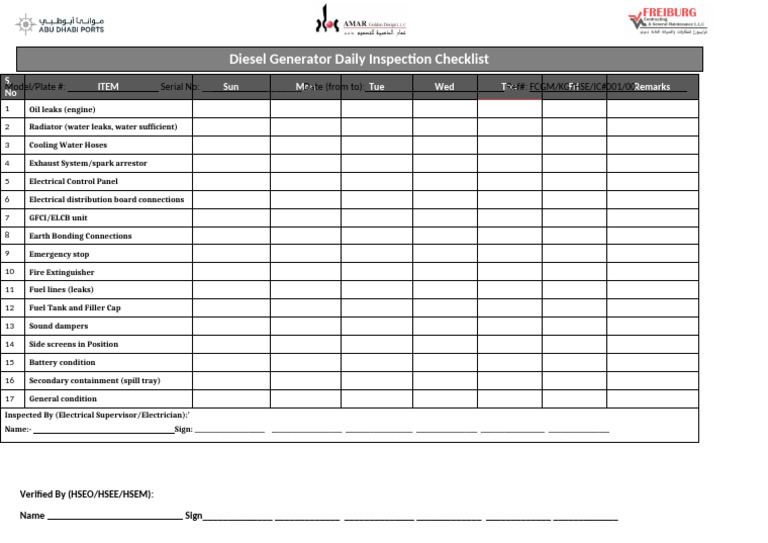 Diesel Generator Inspection Checklist | PDF