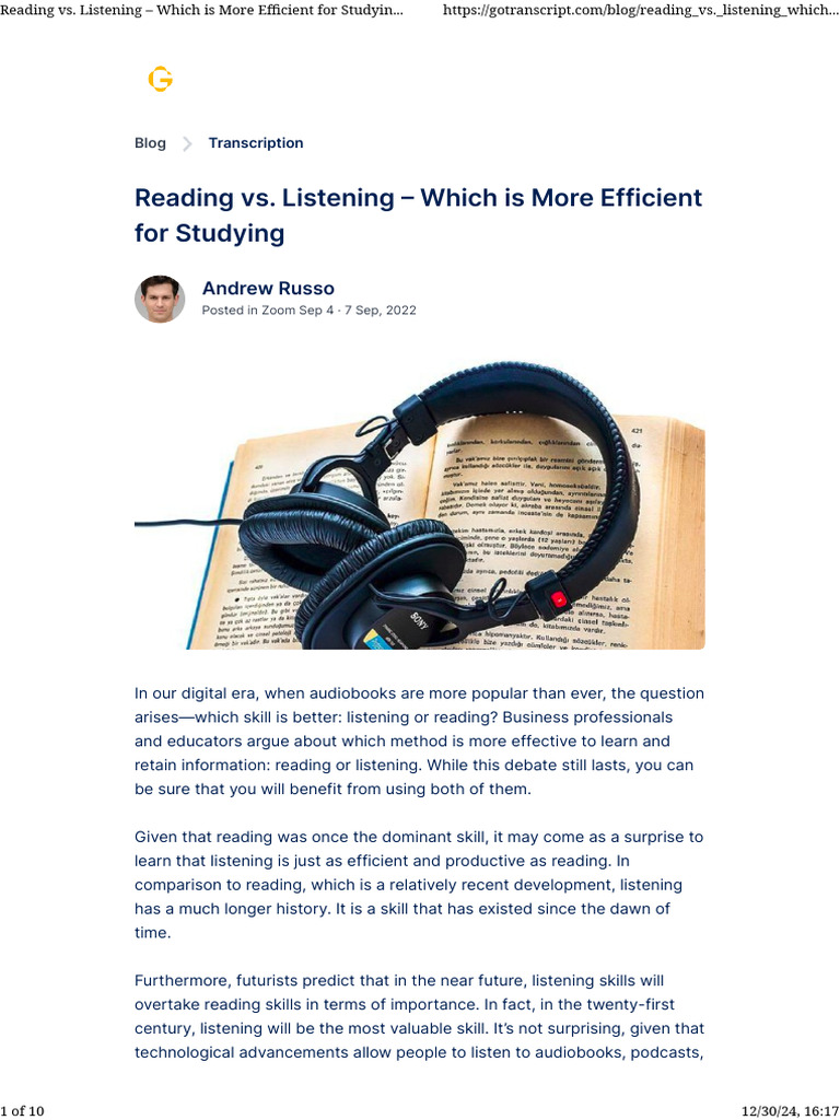 Reading vs. Listening: Study Efficiency | PDF | Reading Comprehension ...
