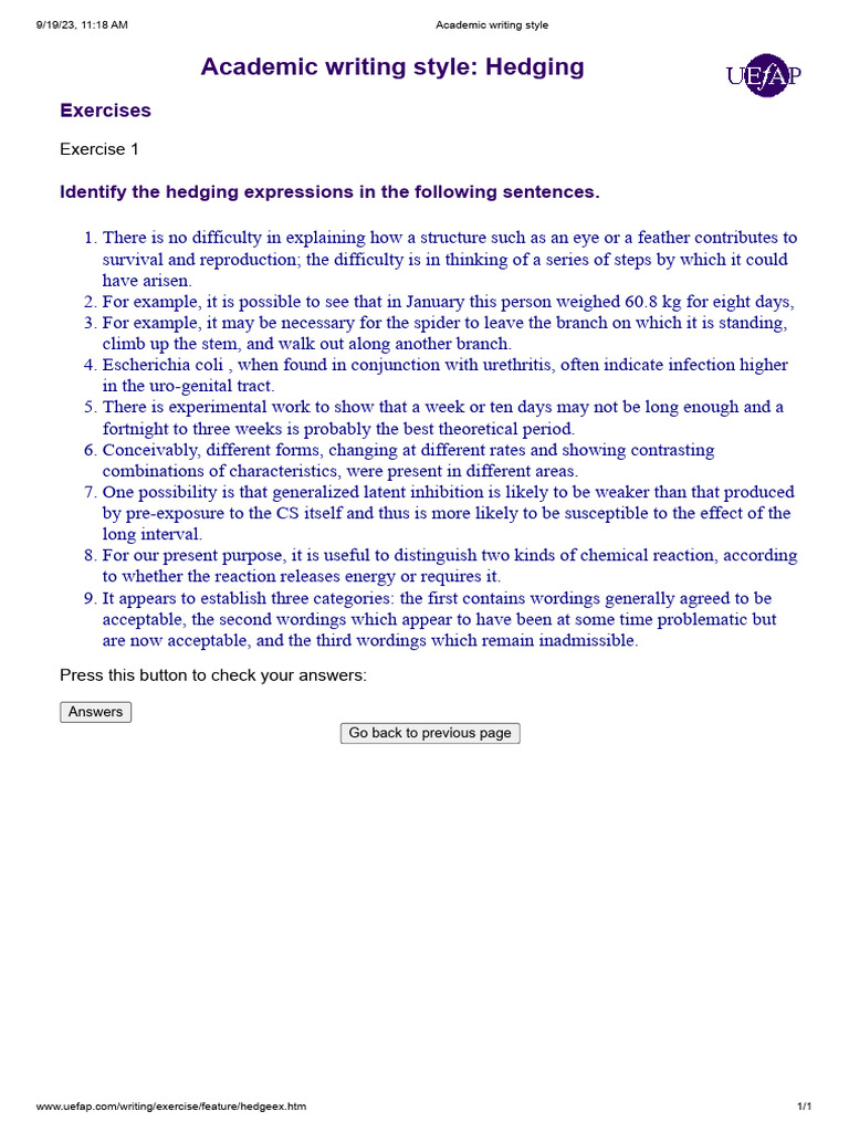 Academic Writing Style - Hedging Exercise | PDF