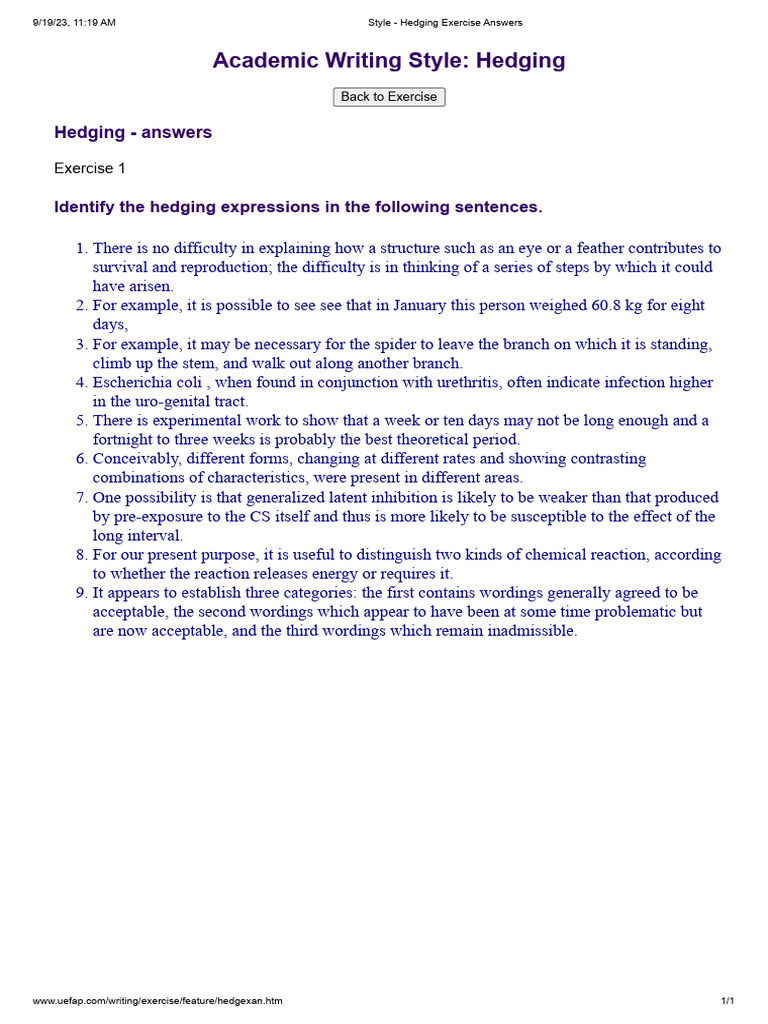 Academic Writing Style - Hedging Exercise Answers | PDF